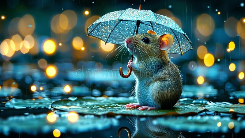 Charming Mouse with Tiny Umbrella on Lily Pad in Rain, Surrounded by ...