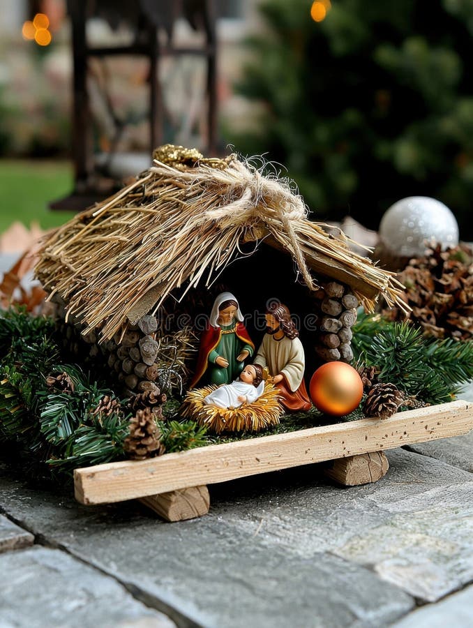 Classic Nativity Scene with Figurines and Decorations in a Cozy Outdoor ...