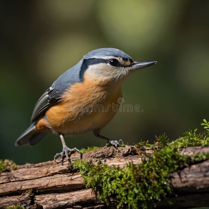 Charming Nuthatch Resting on Mossy Log in Forest Sunlight Stock Photo ...
