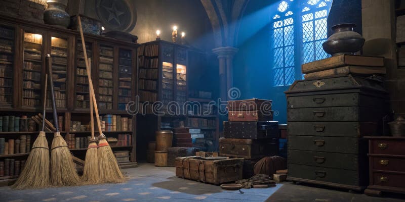 Charming Old Library with Books, Artifacts, and Brooms Illuminated by ...