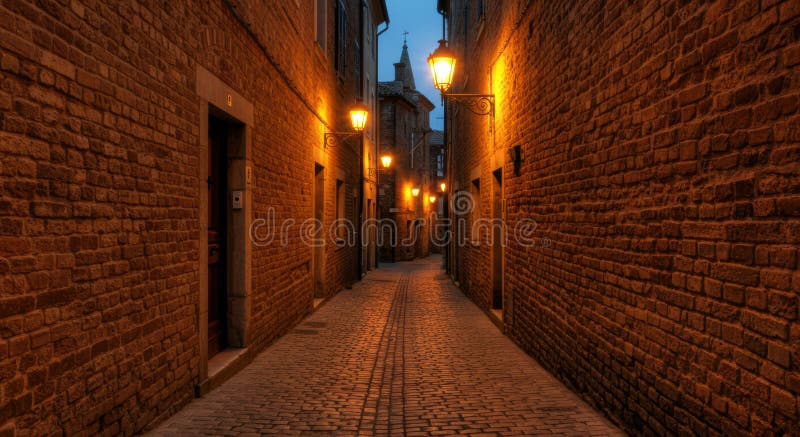 Charming Old Town Alley Dusk Warm Glowing Lanterns Cobblestone Path ...
