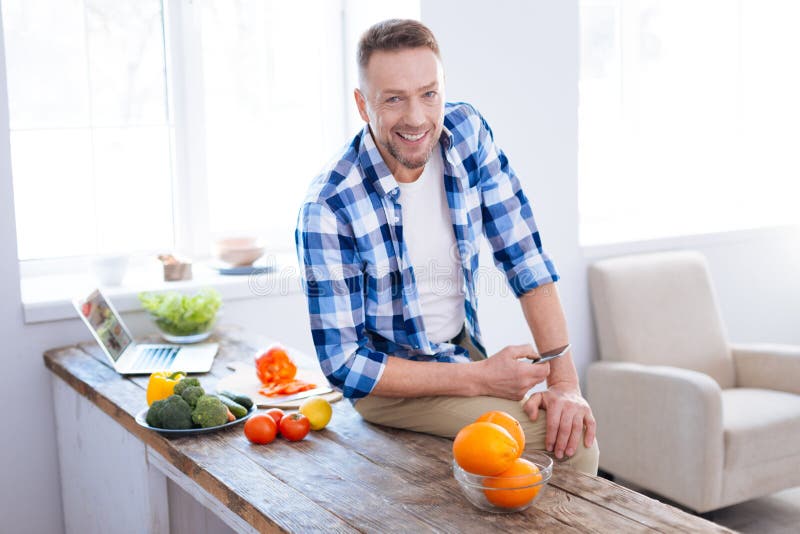 Charming Optimistic Man Using Biohacking Recipes Stock Photo - Image of ...