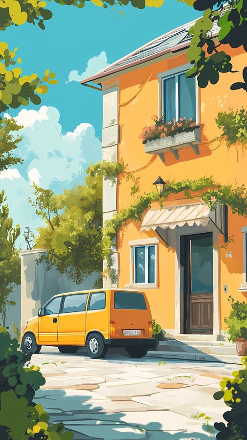 A Charming Orange House with a Van Parked Outside, Surrounded by ...