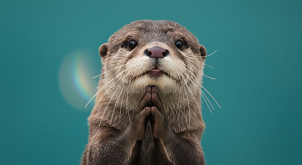 A Charming Otter Portrait with Folded Paws Against Teal Backdrop ...