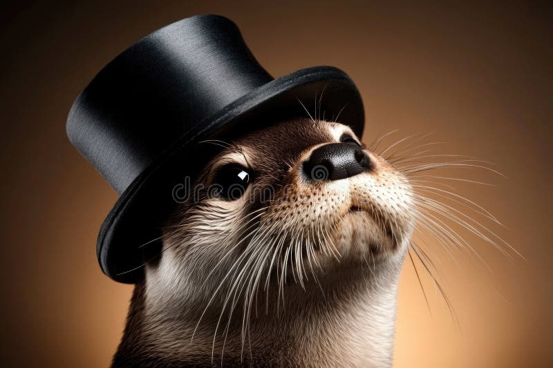 Charming Otter Wearing Top Hat with Whiskers and Bright Eyes Stock ...