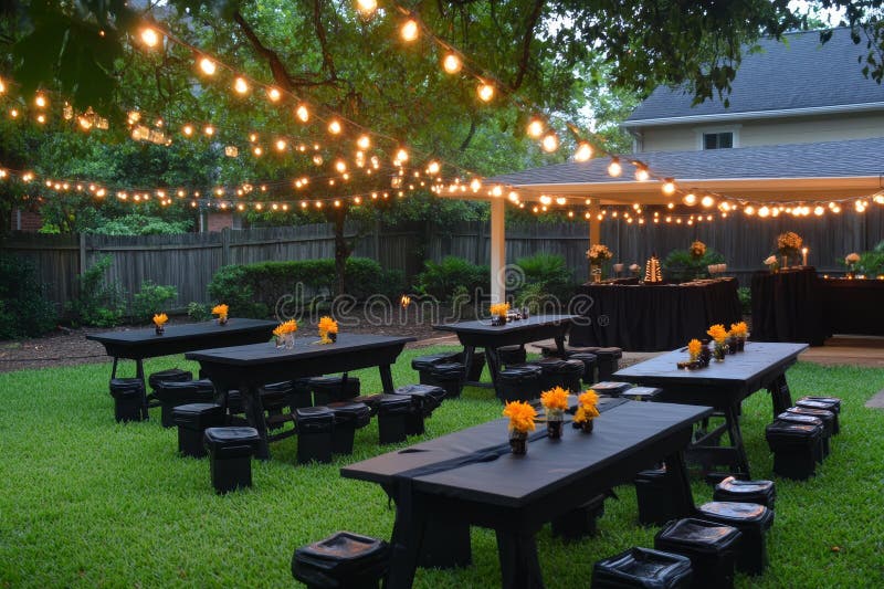 A Charming Outdoor Gathering with Rustic Tables String Lights and ...
