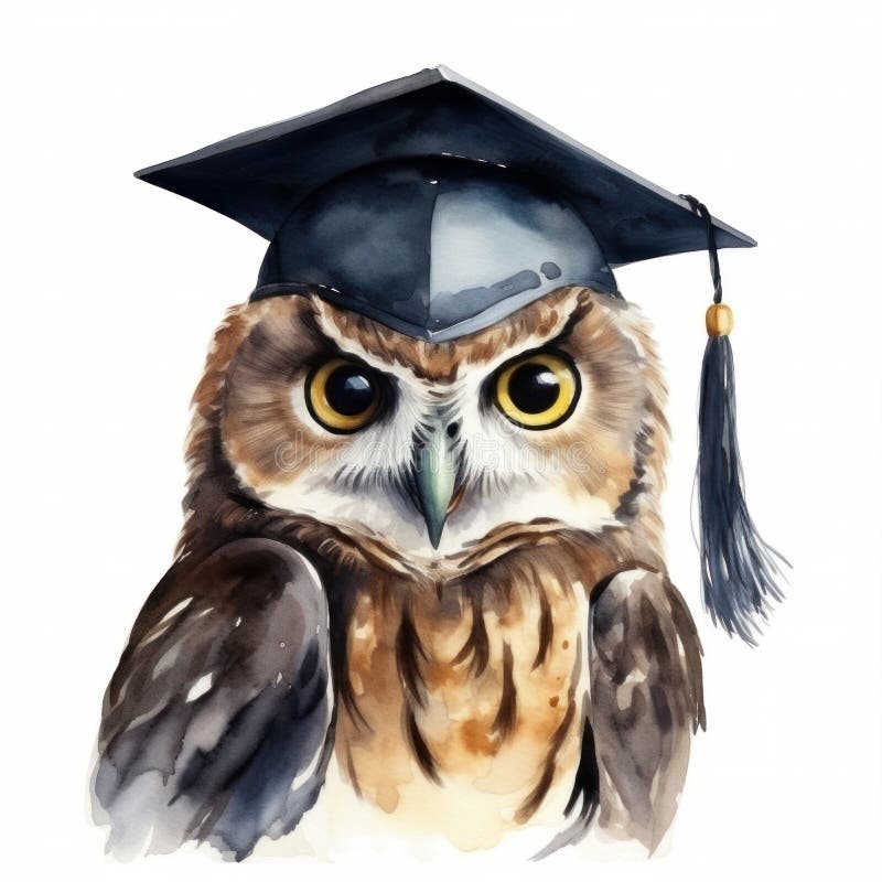 A Charming Owl with Graduation Cap, Hand-painted in Watercolor. Stock ...