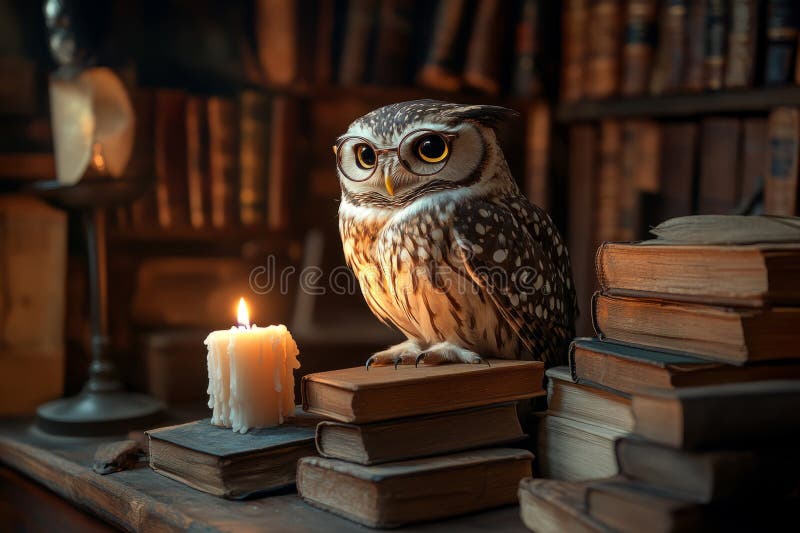 A Wise Owl Rests among Old Books in a Cozy Library. the Warm ...
