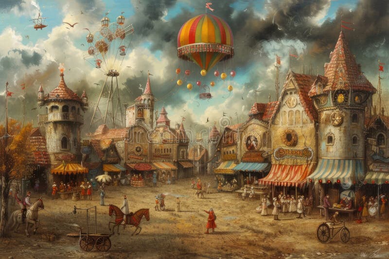 Charming Panorama of a Rural Town during a Town Fair Stock Photo ...