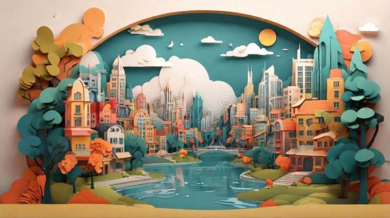 Charming Paper Cut Animation of Cityscape Landscape Stock Illustration ...