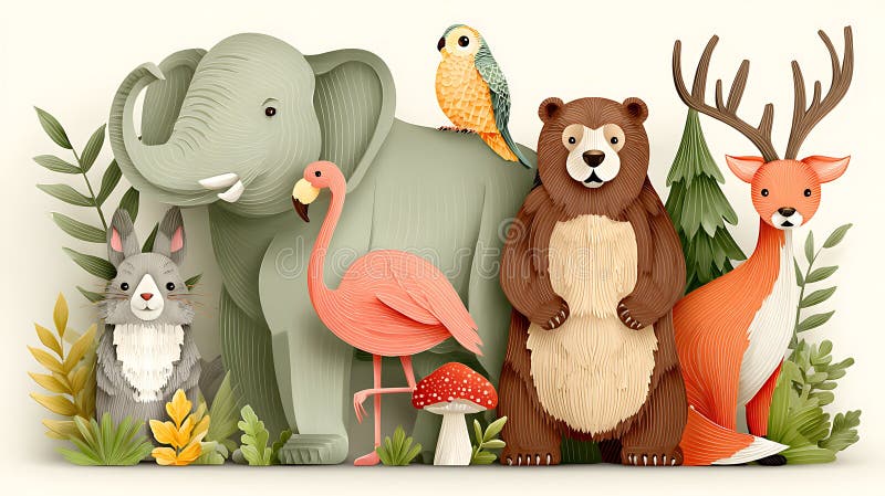 Charming Papercraft Zoo and Forest Animals on Beige Background Stock ...