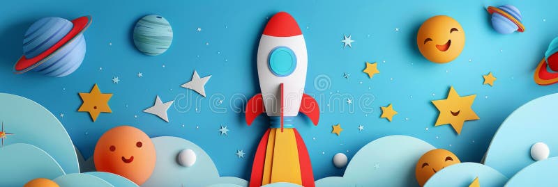 Charming Papercut of a Cartoonish Rocket Ship Blasting Off Surrounded ...