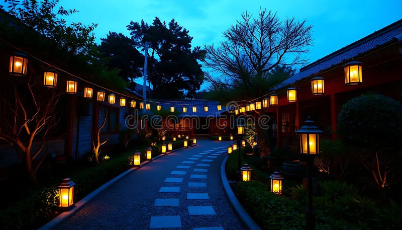 Pathway with Lanterns at Night Generative AI Stock Illustration ...