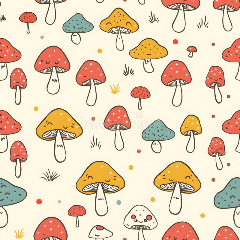Cute Mushroom Pattern with Kawaii Style Elements Stock Illustration ...