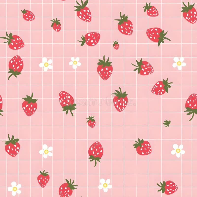 Small Strawberry and Flower Pattern on Pink Gingham Background Stock ...