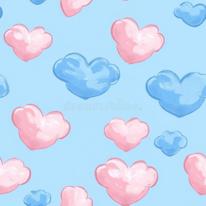 A Charming Pattern of Fluffy Heart-shaped Clouds in Pastel Pink and ...