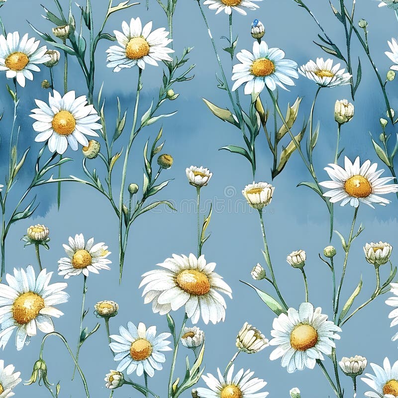 A Charming Pattern of White Daisies Set Against a Soft Blue Background ...