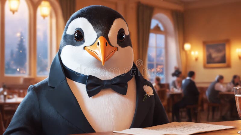A Sophisticated Penguin in Formal Attire Enjoying a Fine Dining ...