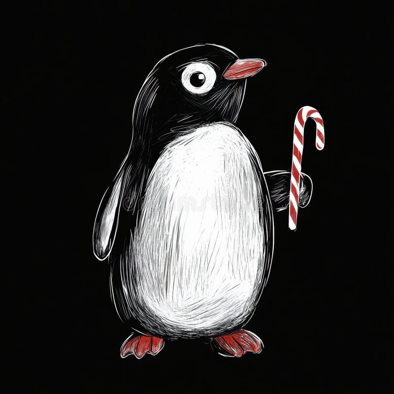 Minimalistic Line Art of a Cheerful Penguin with a Candy Cane for ...