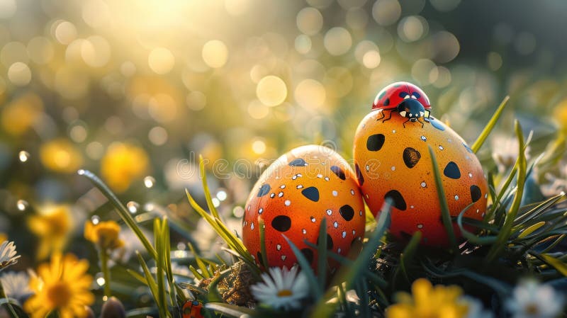 Joyful Easter Egg Hunt with Ladybugs on a Lush Meadow Stock ...