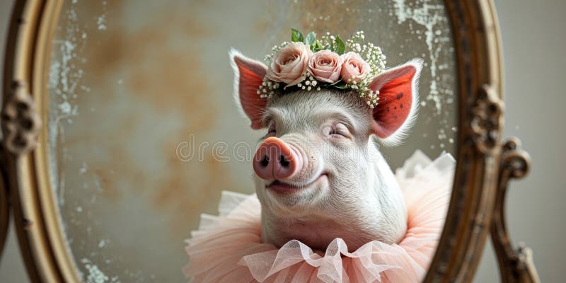 Charming Pig with Flower Crown in Pink Tutu by Mirror. Stock Image ...