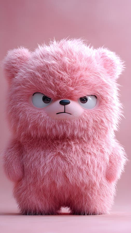 Cute Pink Fluffy Bear Character with a Grumpy Expression. Stock ...