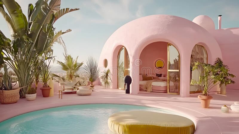 Charming Pink Dome House with a Refreshing Pool. Stock Illustration ...