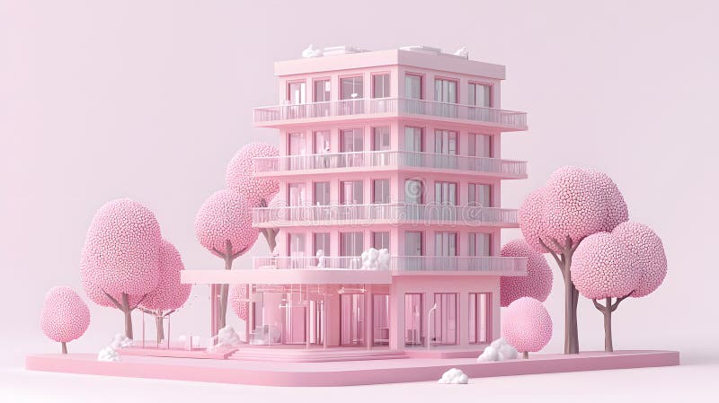 Charming Pink Hotel with Whimsical Trees and Clouds Stock Illustration ...