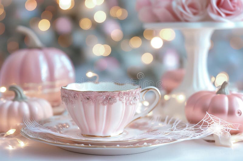 Charming Pink Tea Set that Includes Decorative Pumpkins, Beautifully ...