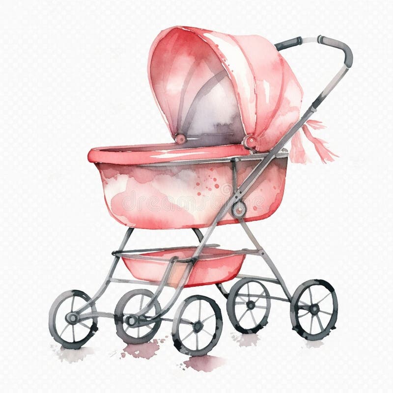 Charming Pink Watercolor Baby Stroller Illustration. Stock Illustration ...