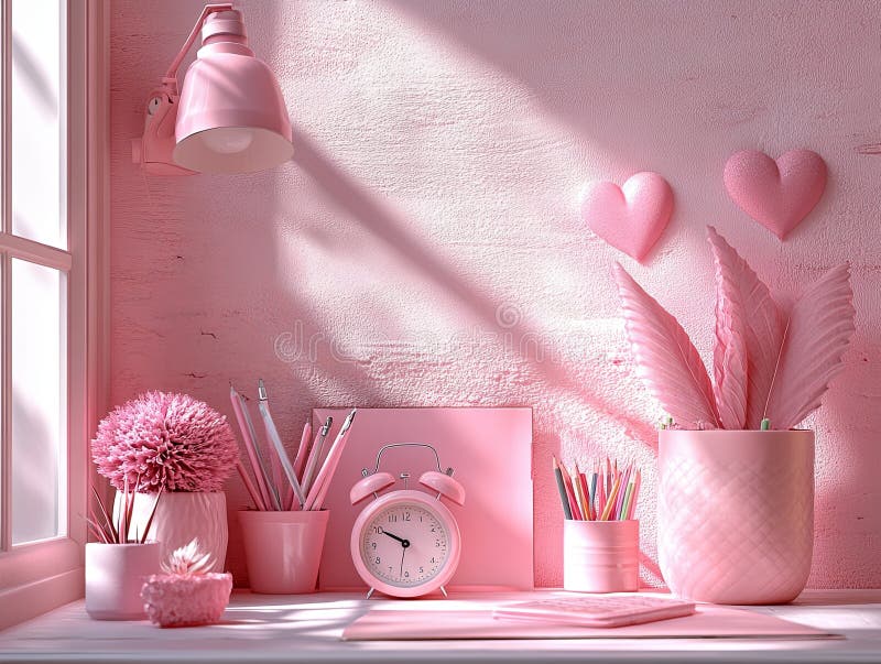 Charming Pink Workspace with Decorative Elements Including Flowers ...