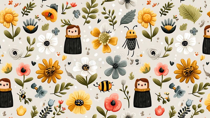 Charming Pixel Art Floral Pattern with Cute Characters Stock ...