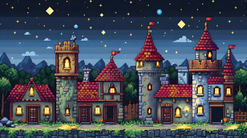 Charming Pixel Art of Medieval Buildings Under a Starry Night Sky ...