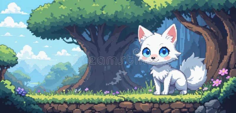 Retro Pixel Art Illustration Featuring a Cartoon White Fox with Blue ...