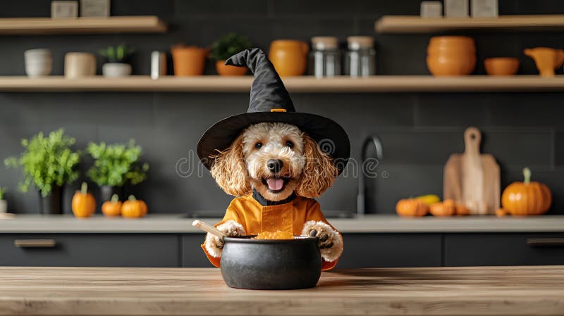A Charming Poodle in a Witch Hat Joyfully Stirring a Cauldron in a ...