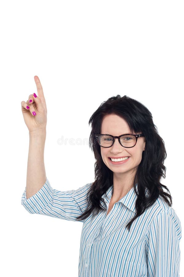 Charming Pretty Woman Pointing Upwards Stock Photo - Image of finger ...