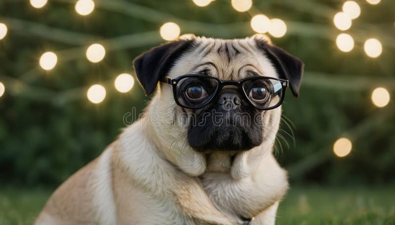 Pug Wearing Glasses Poses Humorously Against a Backdrop of Soft Glowing ...