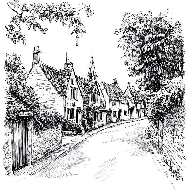 Charming Quaint Village Street Sketch Stock Illustration - Illustration ...