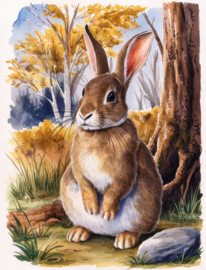 Charming Rabbit in Autumnal Forest Setting Near Tree Stock Image ...