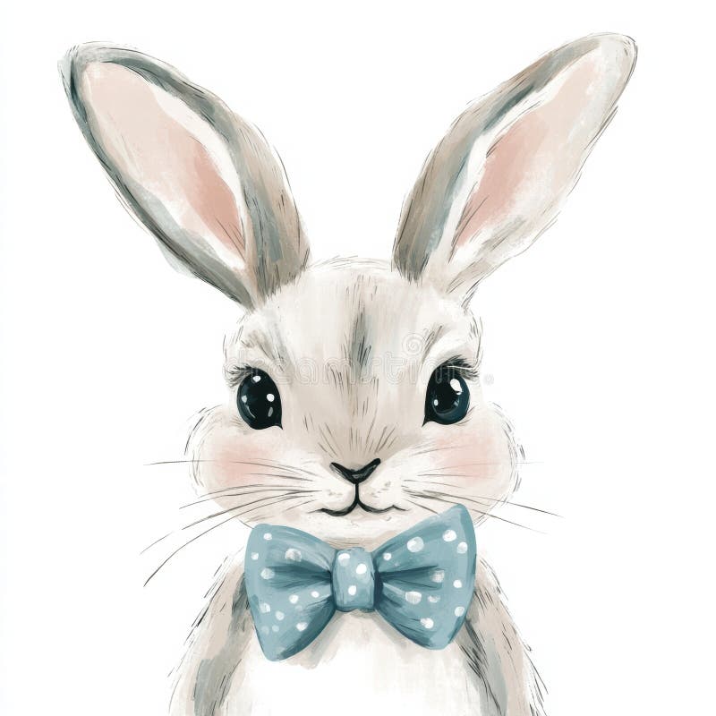 Cute Illustrated Rabbit Wearing a Blue Polka Dot Bow Tie with Big Eyes ...