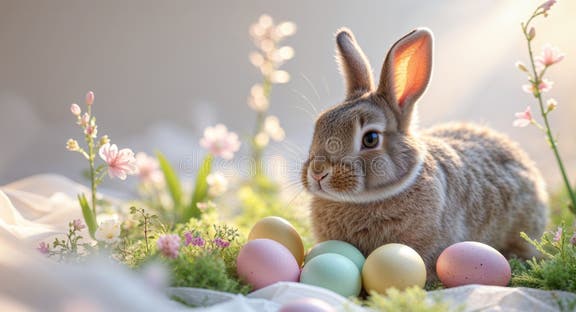 Charming Rabbit with Colorful Eggs in Springtime Setting Stock Photo ...