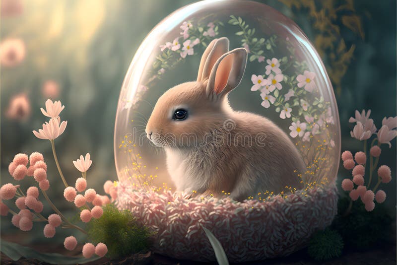 Charming Rabbit in a Glass Egg on a Background of Spring Flowers.Easter ...