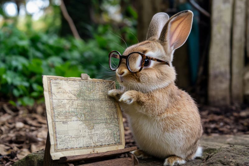 A Cute Rabbit Wearing Glasses Reads a Document in a Beautiful Outdoor ...