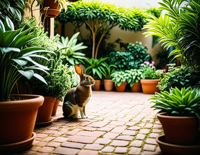 Charming Rabbit in a Lush Brick Patio Garden Setting Surrounded by ...