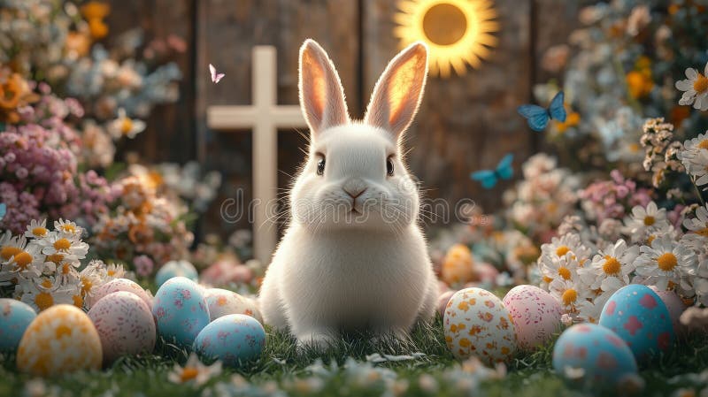 Charming Rabbit Surrounded by Colorful Easter Eggs and Flowers Stock ...