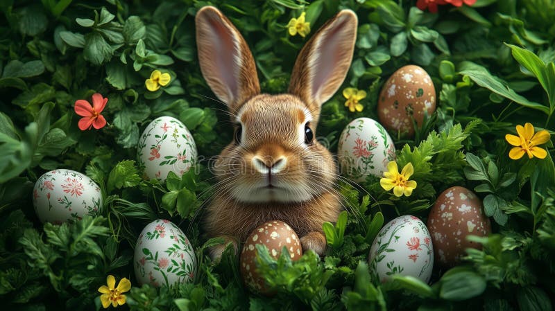 Charming Rabbit Surrounded by Colorful Easter Eggs and Flowers Stock ...