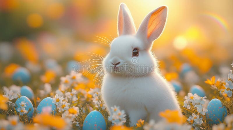 Charming Rabbit Surrounded by Colorful Spring Flowers and Eggs Stock ...