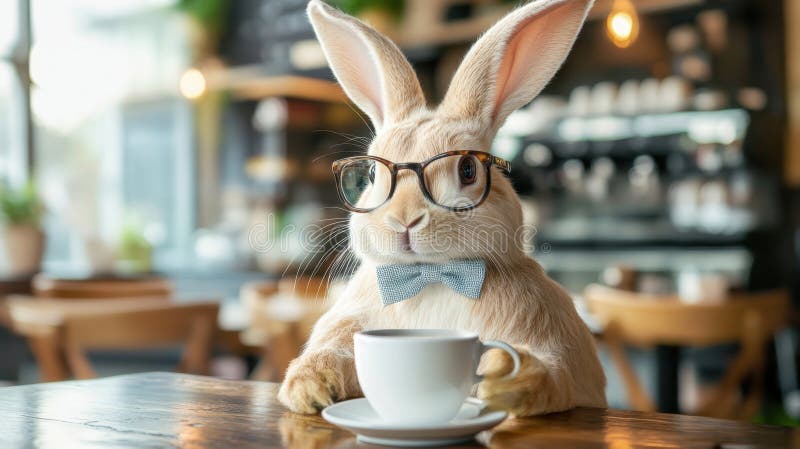 A Charming Rabbit Wearing Glasses and a Bow Tie Sits at a Café Table ...