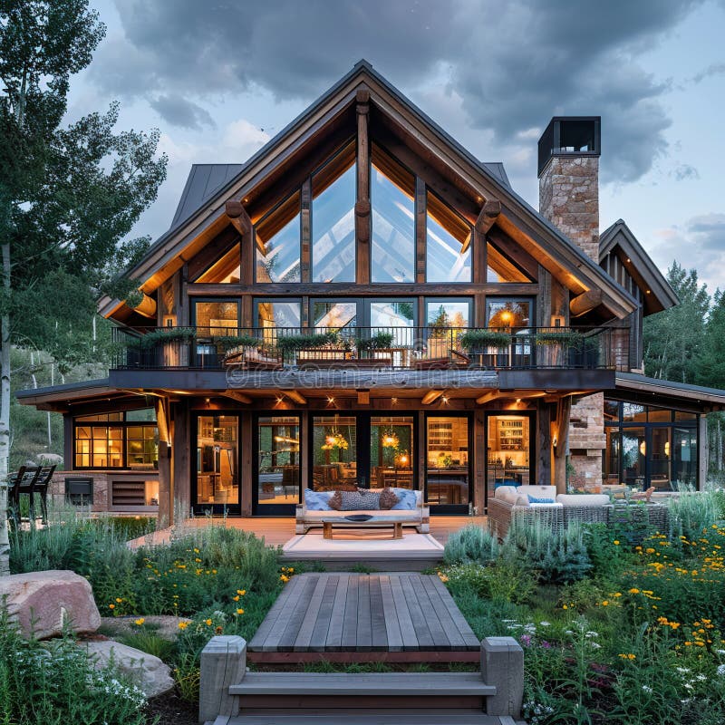 Charming Raised Timber Home with Large Windows and Rustic Decor Stock ...