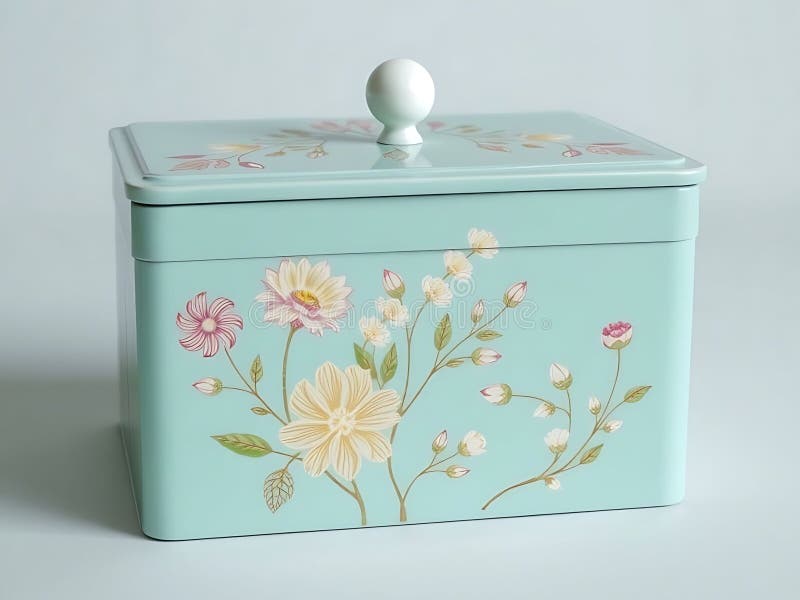 Beautiful Aqua Blue Tin Box with Vintage Floral Design Ai Generated ...